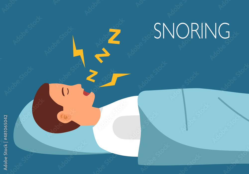 Man sleeping and snoring in flat design. Snore health problem concept ...
