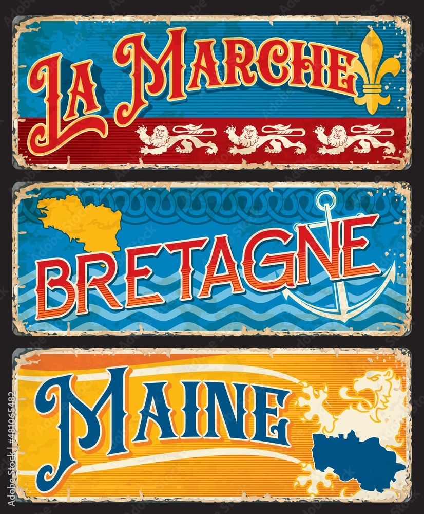 Bretagne, Maine and La Marche regions of France, vector vintage cards ...
