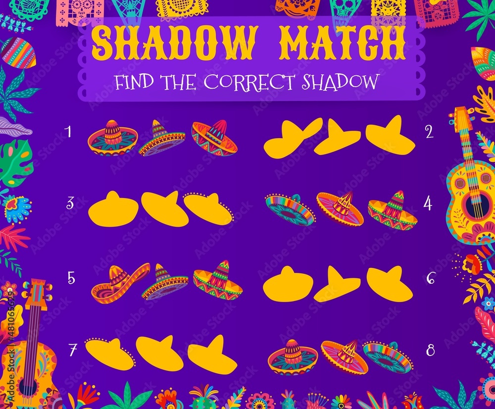 Mexican sombrero hat shadow match riddle game worksheet. Vector task ...