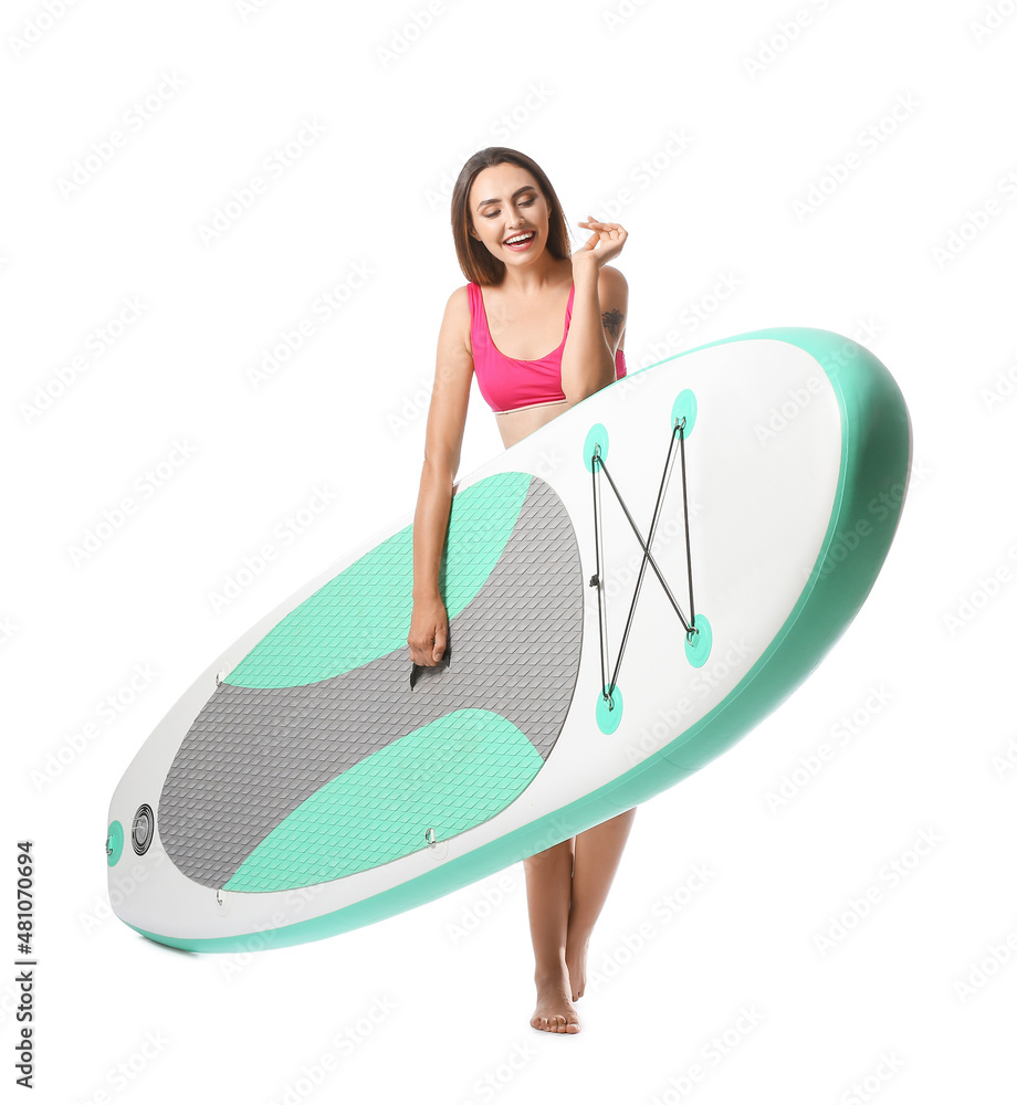 Beautiful young woman with board for sup surfing on white background ...