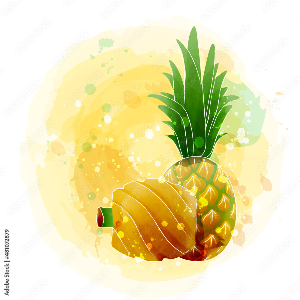 Pineapple watercolor clipart illustration with yellow background. Stock ...