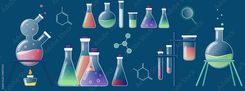 Set of laboratory elements: glass flasks, vials, test-tubes with ...