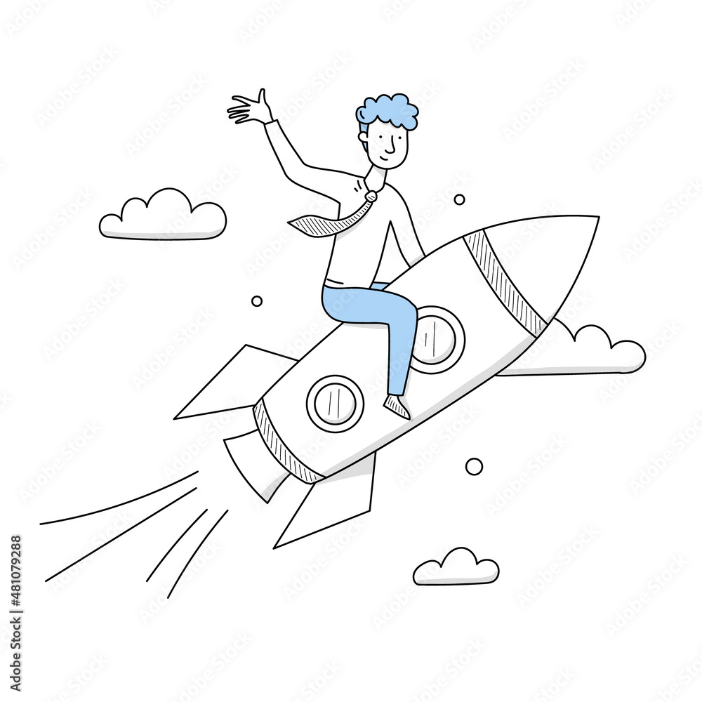 Businessman flying on rocket up to sky. Business concept of startup ...