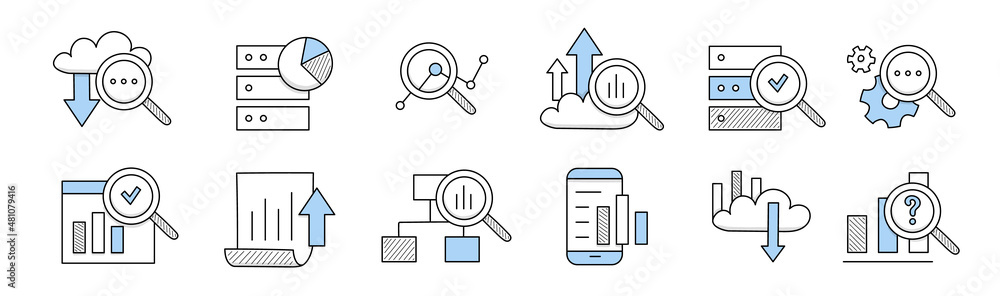 Data analysis doodle icons set. Information cloud storage, magnifying ...