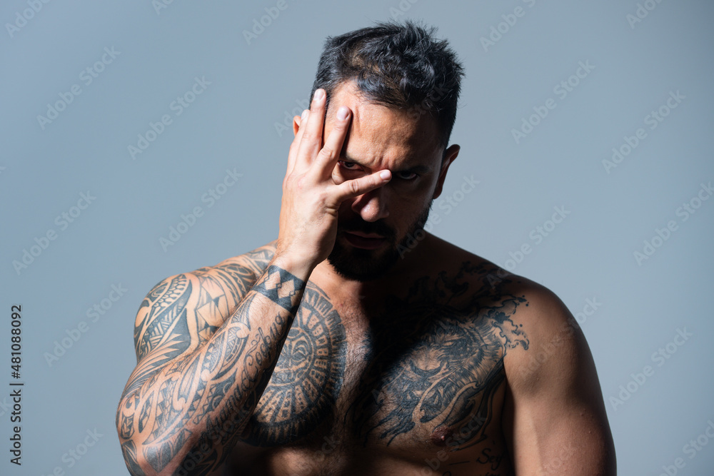 Guy covered face with hands and doing stop gesture with sad and fear ...