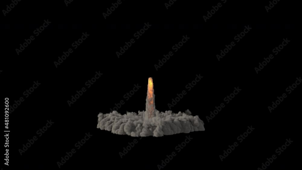 Flaming fire and smoke trail from a rocket launch or jet engine ...