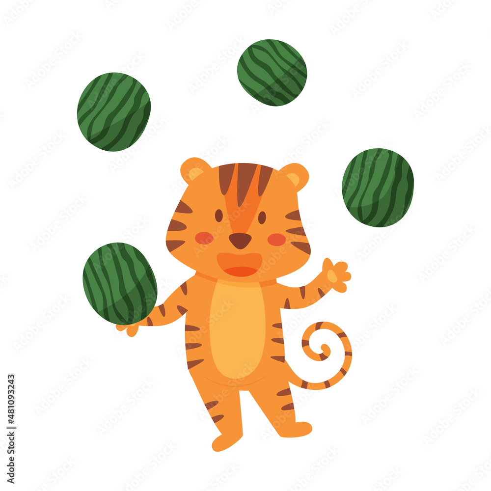 Tiger cub juggles watermelons. Cute cartoon tiger, vector illustration ...