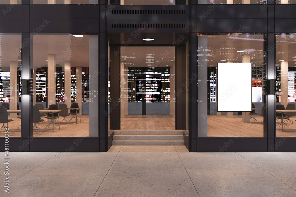 Modern glass store front exterior design with reflections and blank ...