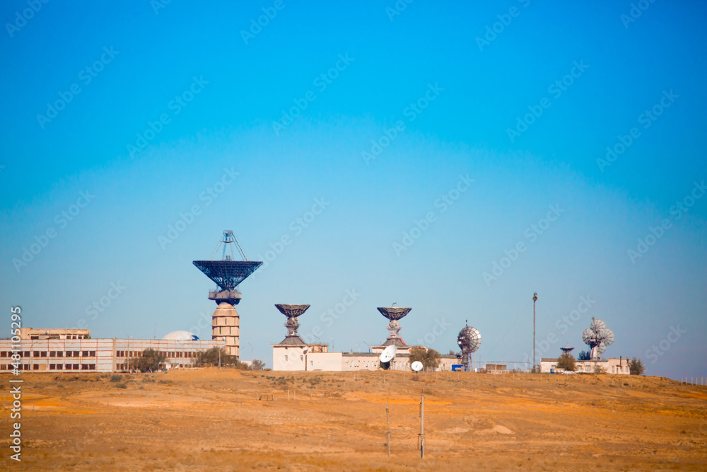 Antenna at the spaceport. The tracking center at the Baikonur ...