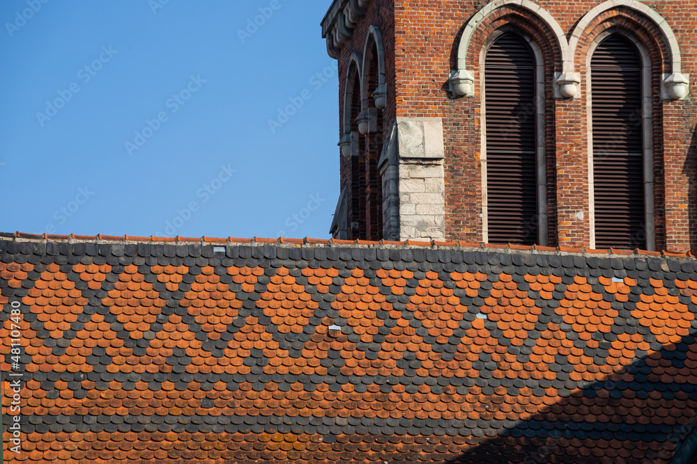 Seamless roof texture of flat red shingles with embedded line patterns ...