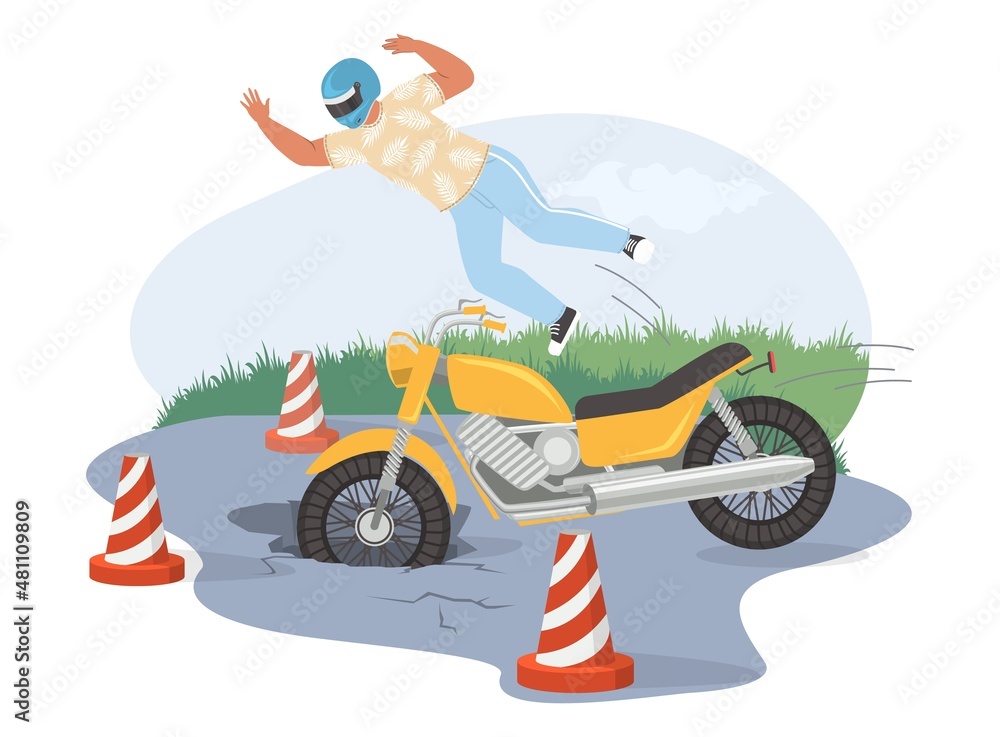 Motorcycle accident, vector illustration. Biker falling off motorcycle ...