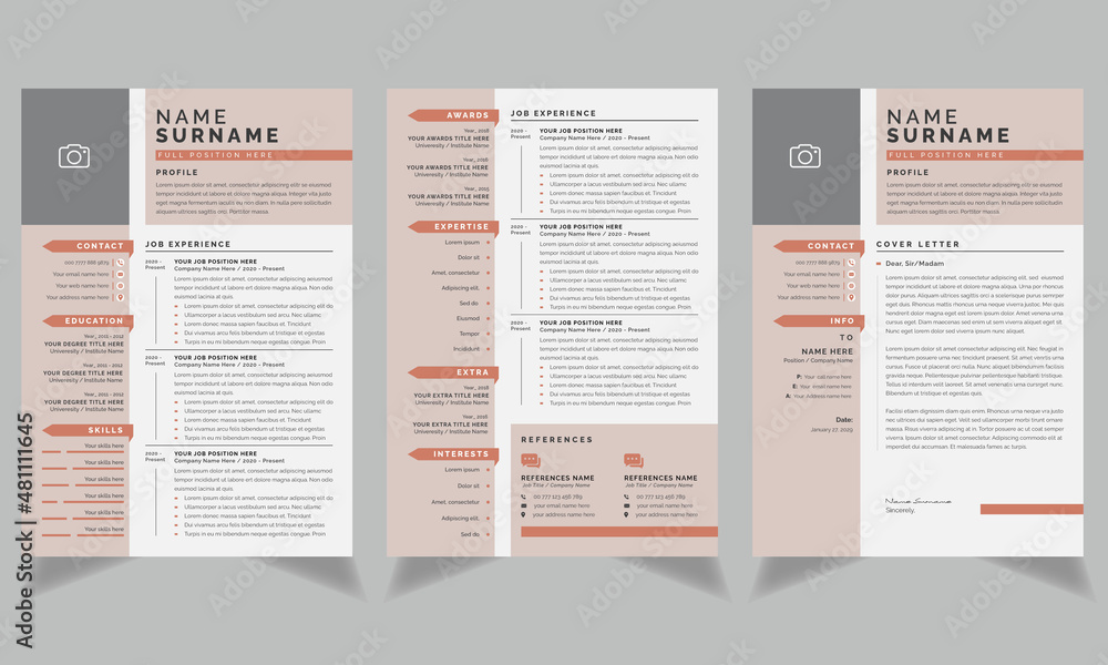 Professional Resume CV Layout with Cover Letter Page Set Template Stock ...