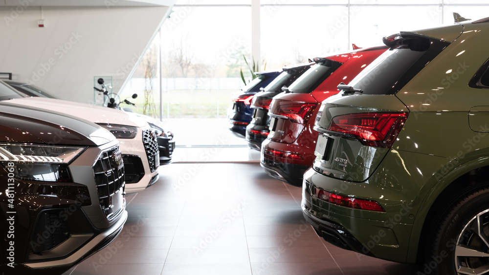 Minsk, Belarus - Dec 20, 2021: two rows of new Audi Q7, q8 and Q5 ...