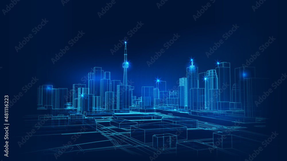 Polygonal 3d city in dark blue background. Outline city concept vector ...