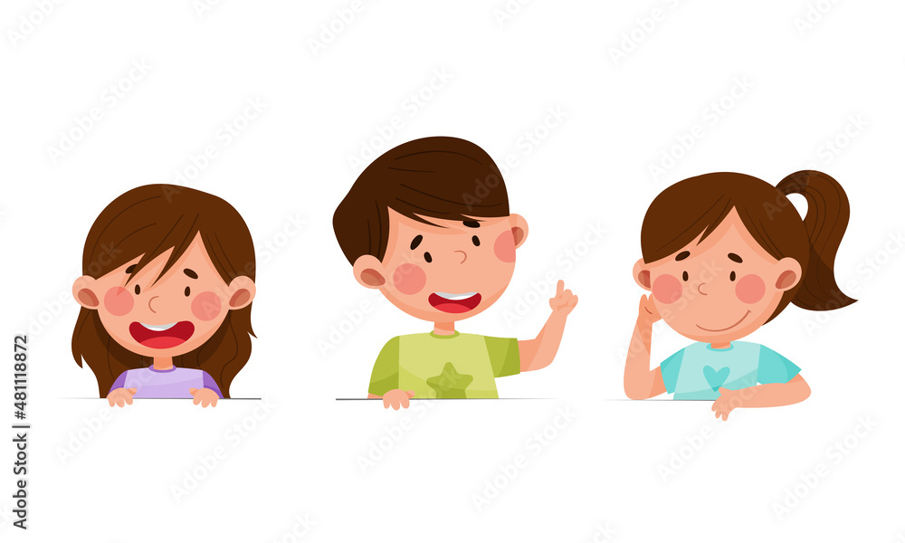 Cheerful boy and girls peeking out from wall with copy space or looking ...