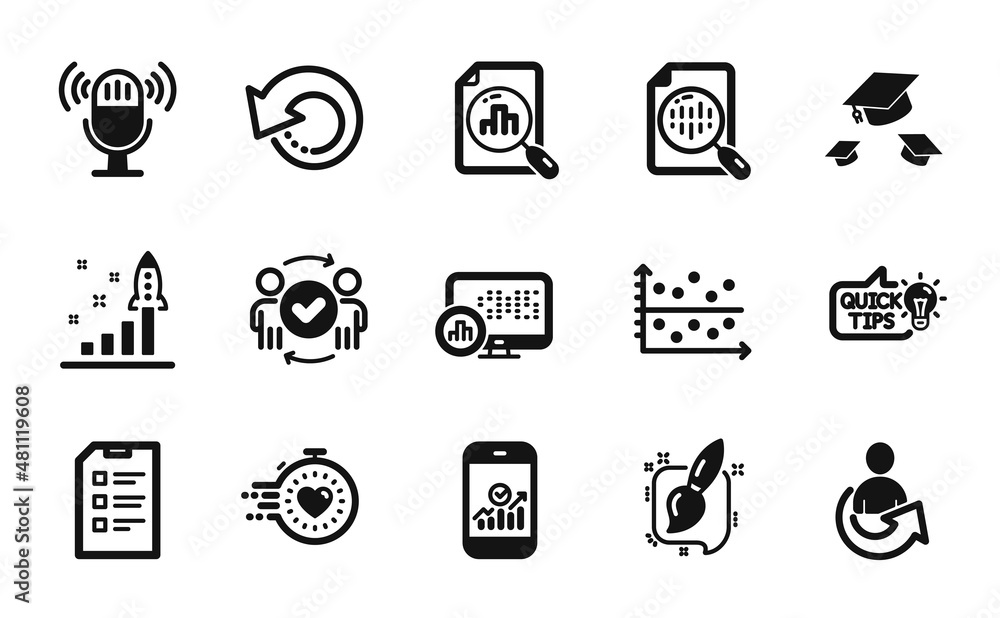 Vector set of Development plan, Recovery data and Approved teamwork icons simple set. Report ...