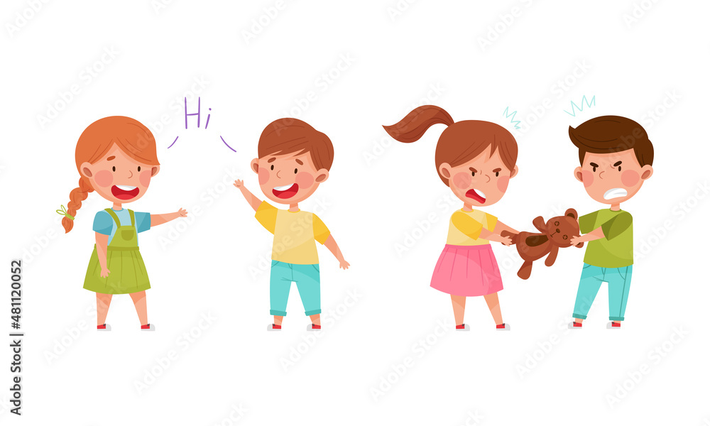 Cute kids playing together set. Little children arguing over toy teddy ...