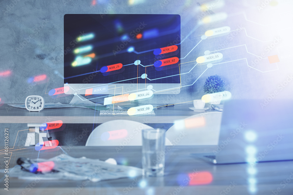 Multi exposure of data theme drawing and office interior background ...