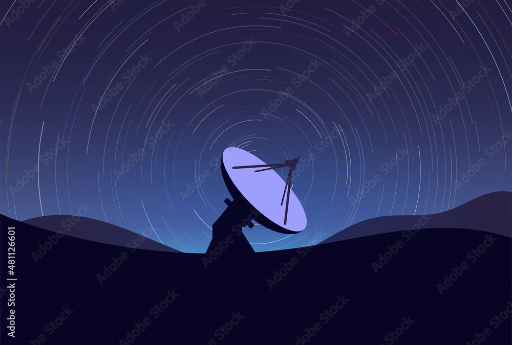 Big radio telescope on a hills, with night starry sky and time lapse ...