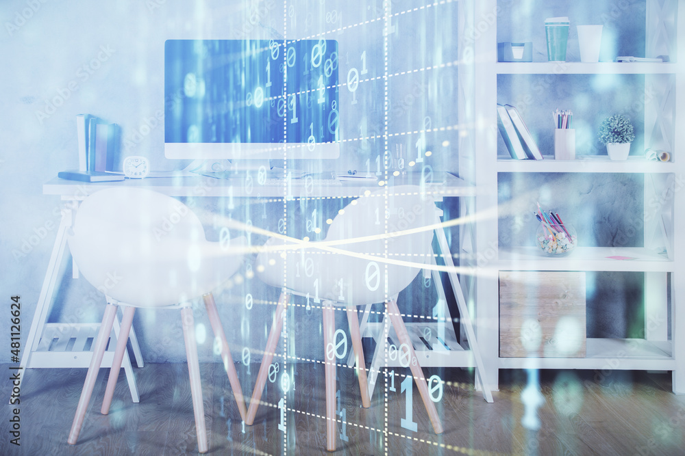 Multi exposure of data theme drawing and office interior background ...