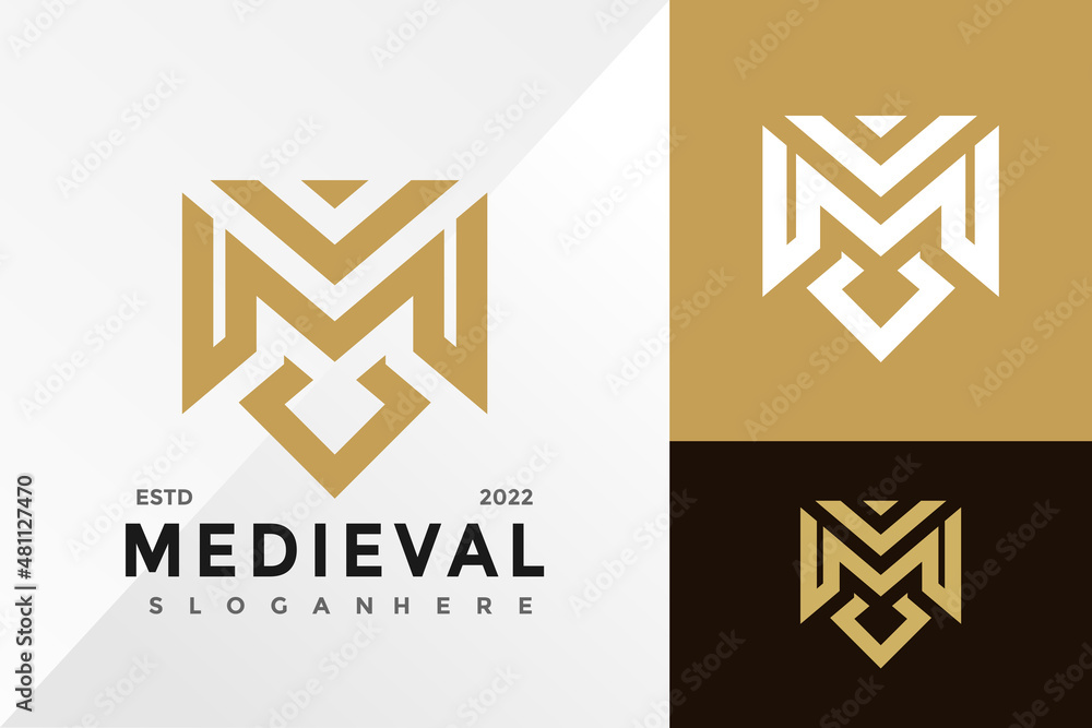 Golden Letter M Medieval Logo Design Vector illustration template Stock ...