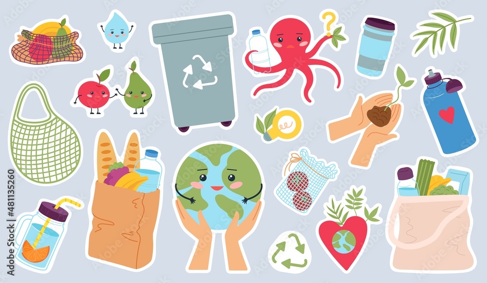Zero waste stickers. Kitchen bamboo tools, sorting garbage and reusable ...
