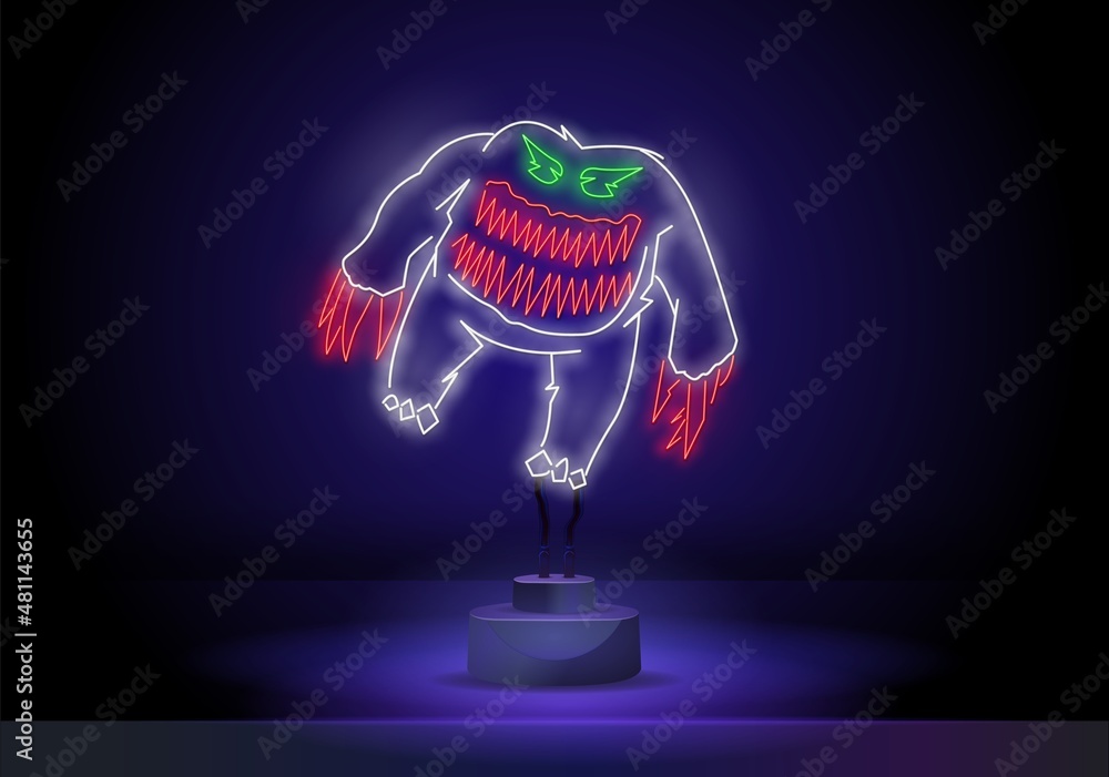 neon monster with sharp teeth. Vector realistic isolated neon sign of ...