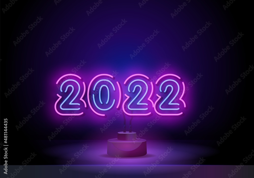 2022 neon signboard. Happy New Year. Realistic pink neon numbers on ...