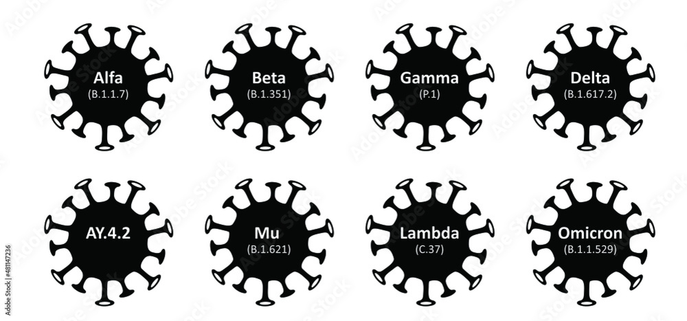 Cartoon coronavirus variant disease or mutations. Alfa, Beta, Gamma ...