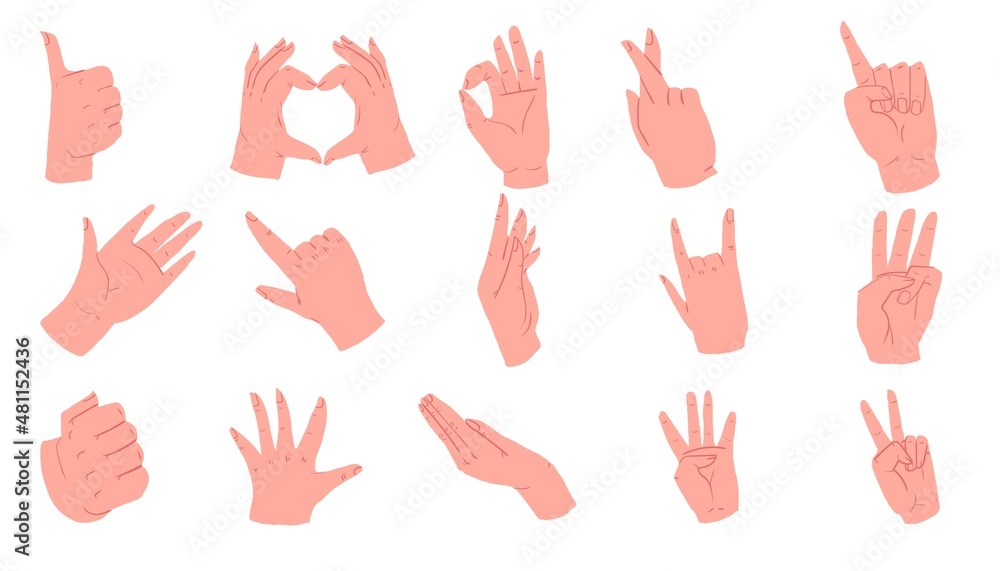 Set of vector cartoon flat hand gestures of various meanings and ...