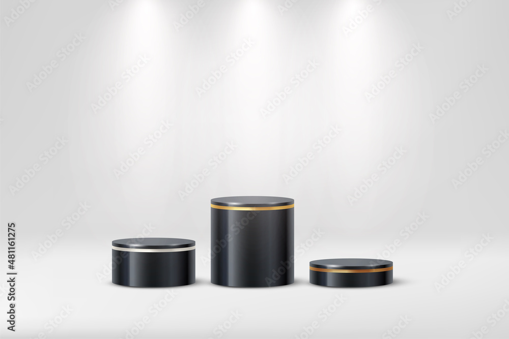 3d podium black platform cylinders with gold, silver and bronze line ...