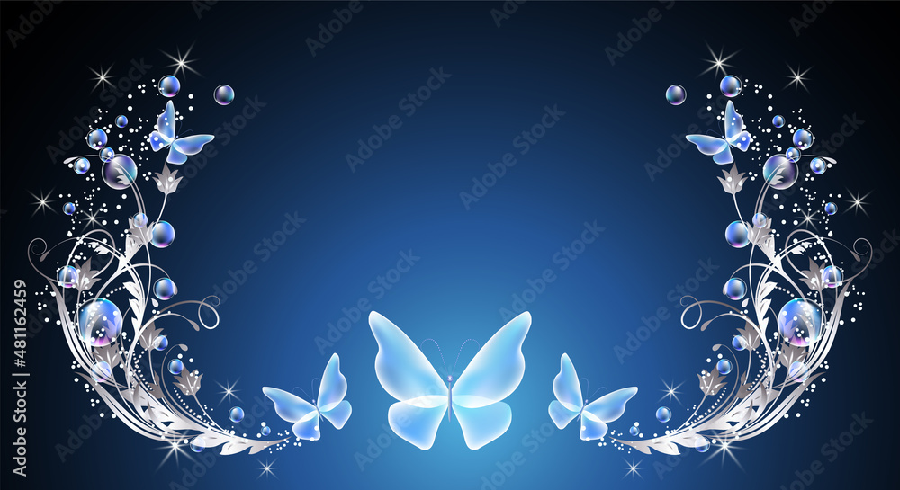 Fairytale background with magical blue butterflies and bubbles, flowers ...