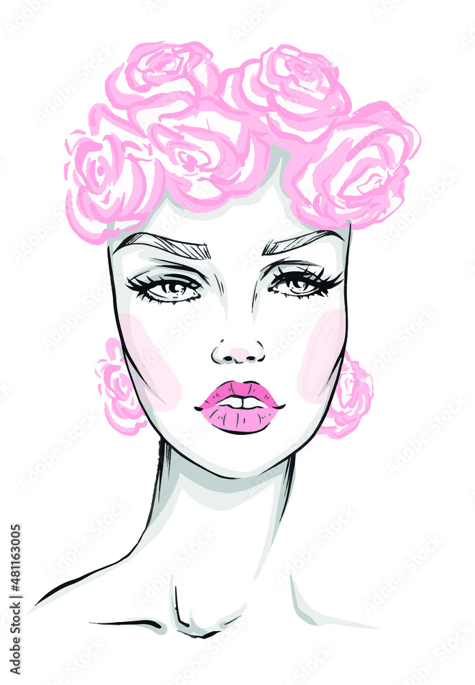 Hand Drawn Fashion Illustration Of Womans Face With Roses On Her Head