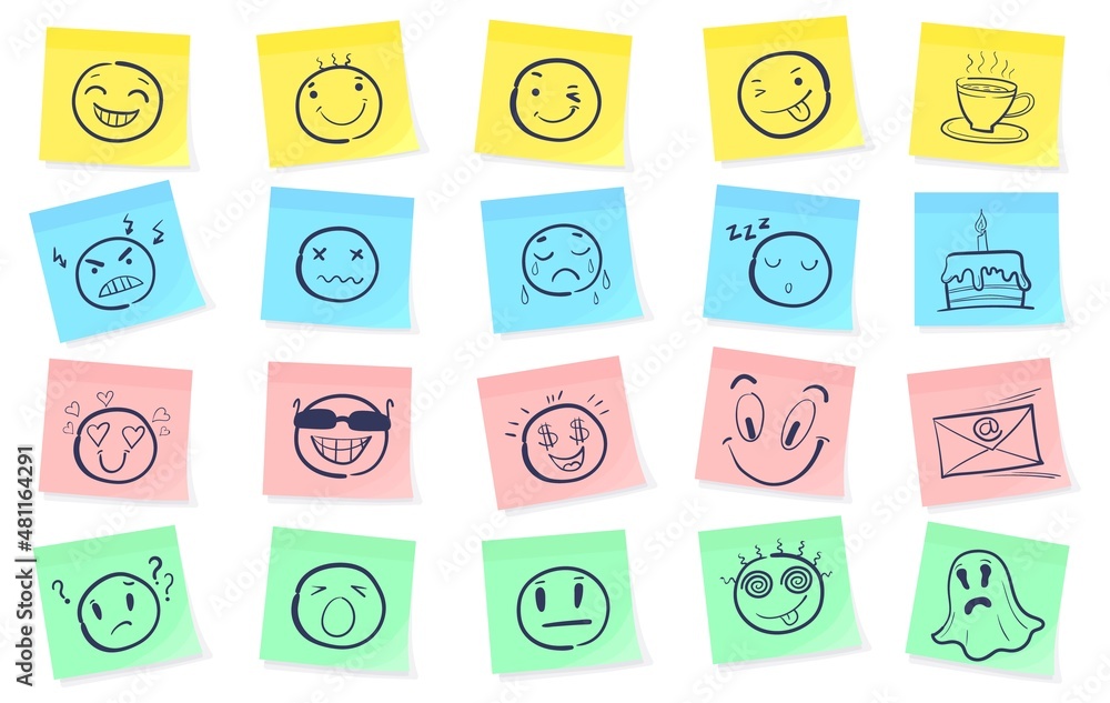 Sticky notes with smile. Emotion cards, sad or funny face on weekly ...