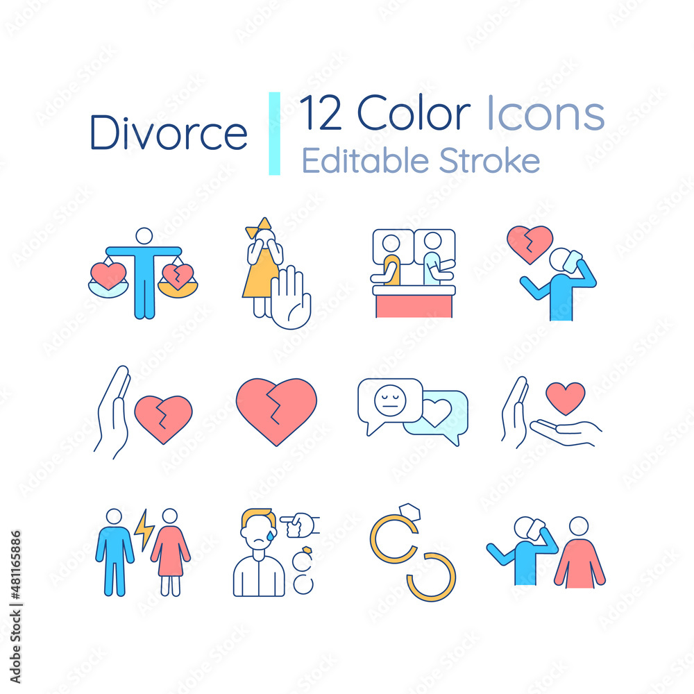 Divorce RGB color icons set. Reasons of relationship breakdown ...