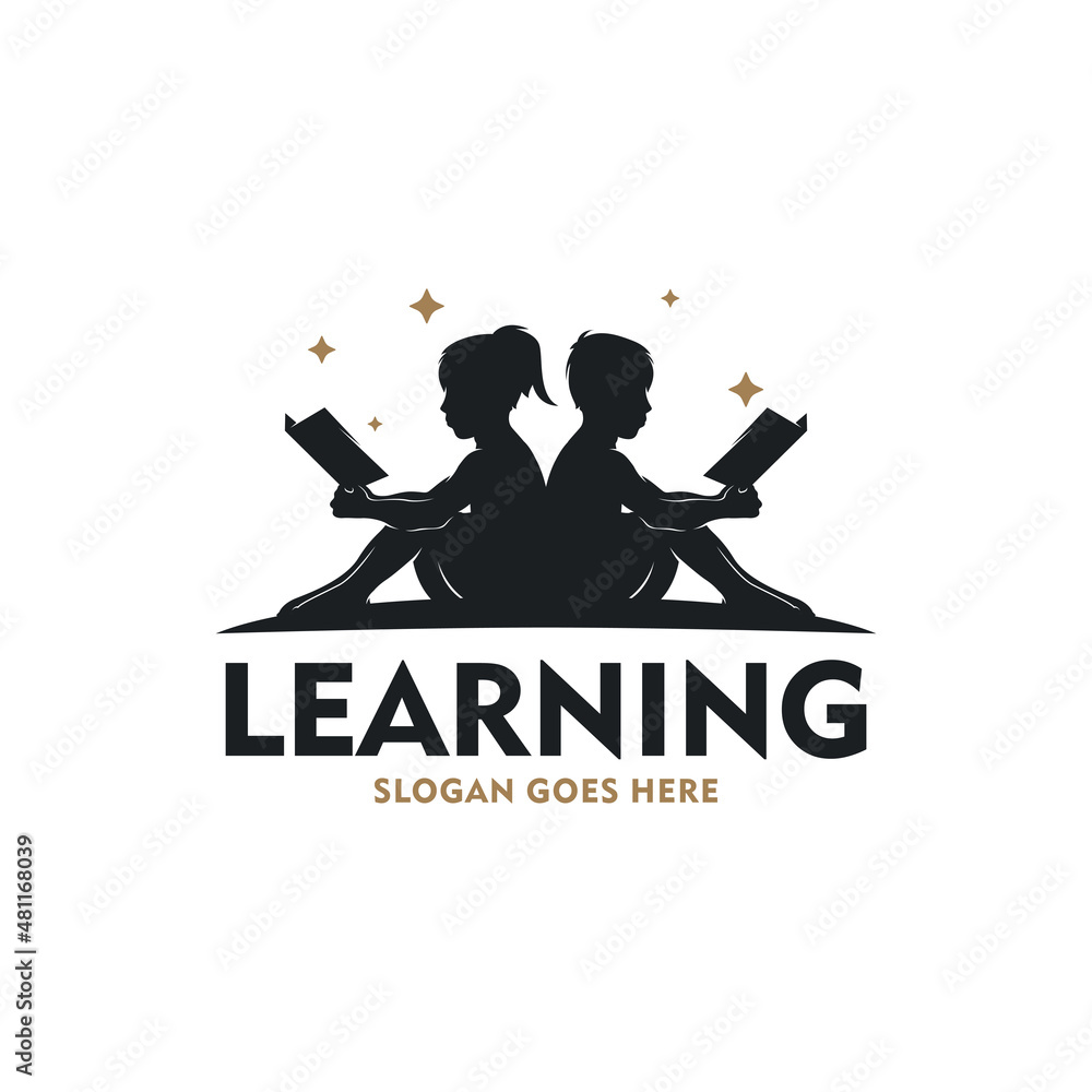 Two children reading books logo design vector Stock Vector | Adobe Stock