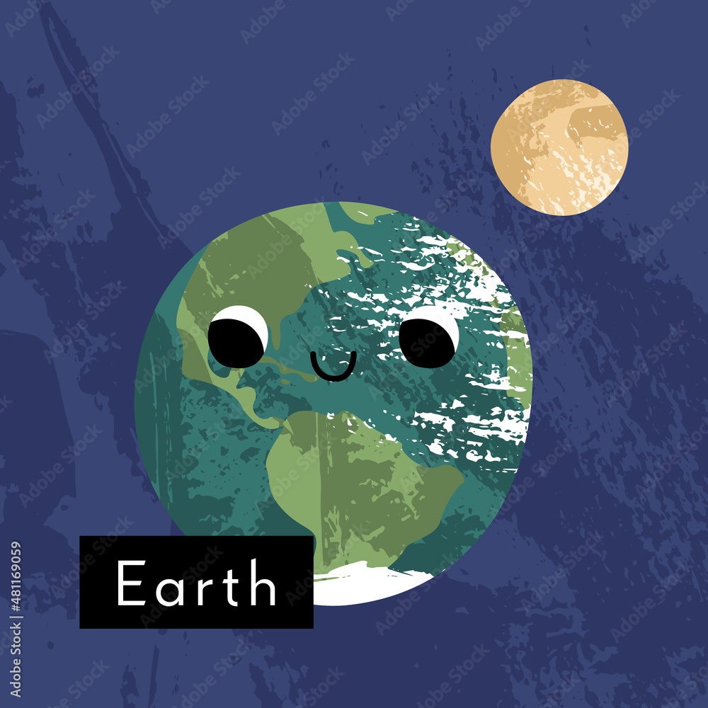 Earth with Moon. Cute kawaii planet character with smiling face. Funny ...