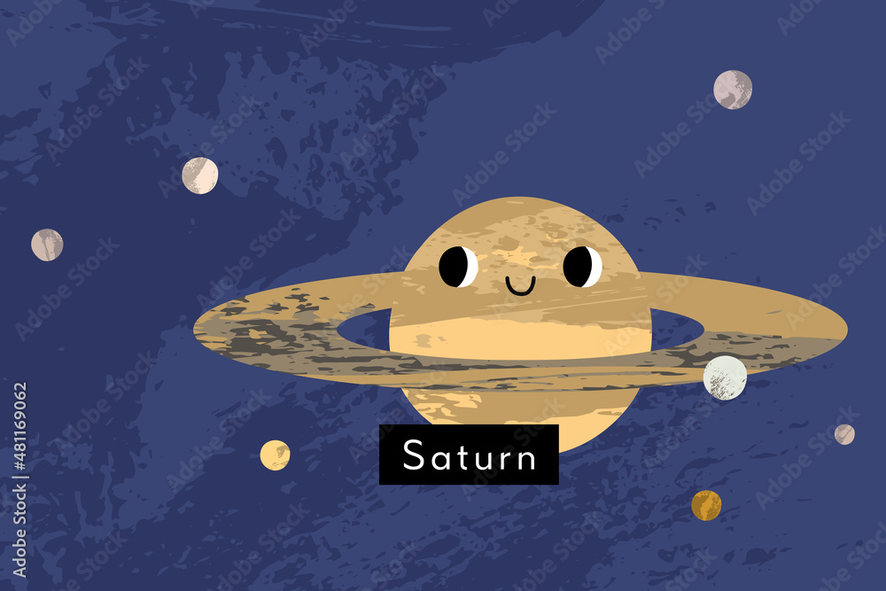 Saturn. Cute kawaii planet character with smiling face. Funny celestial ...