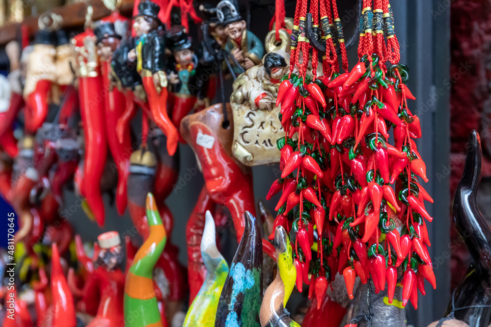 Superstitious objects typical of Naples, Italy. Composed of typical ...
