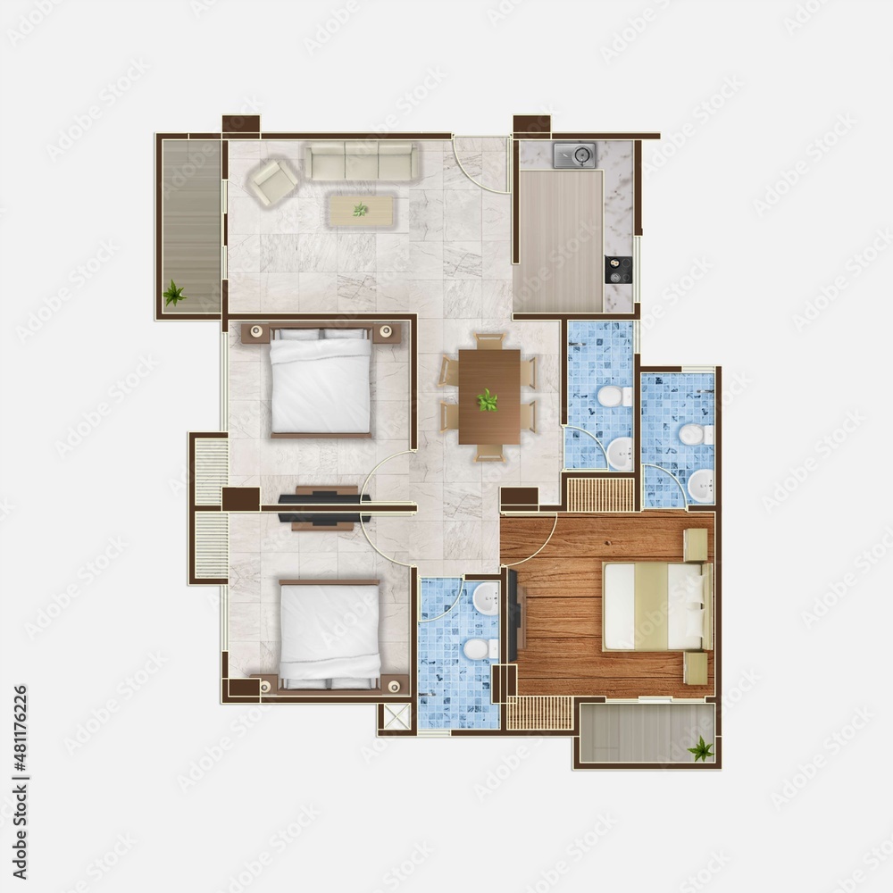 3D rendering floor plan of architecturally furnished residential apartment top view. Bedrooms ...