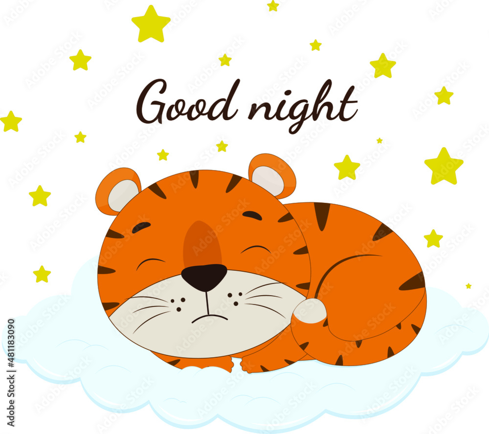 Cute cartoon tiger cub sleeping on the clouds. Tiger cub on a white ...