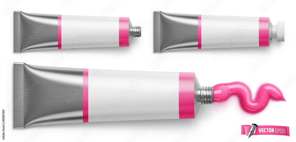 Vector realistic illustration of pink paint tubes on a white background ...