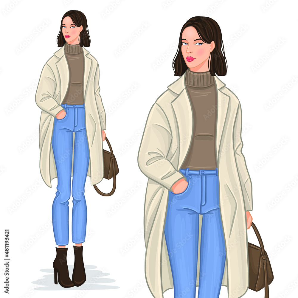 Fashion illustration of a beautiful young woman in a winter outfit ...