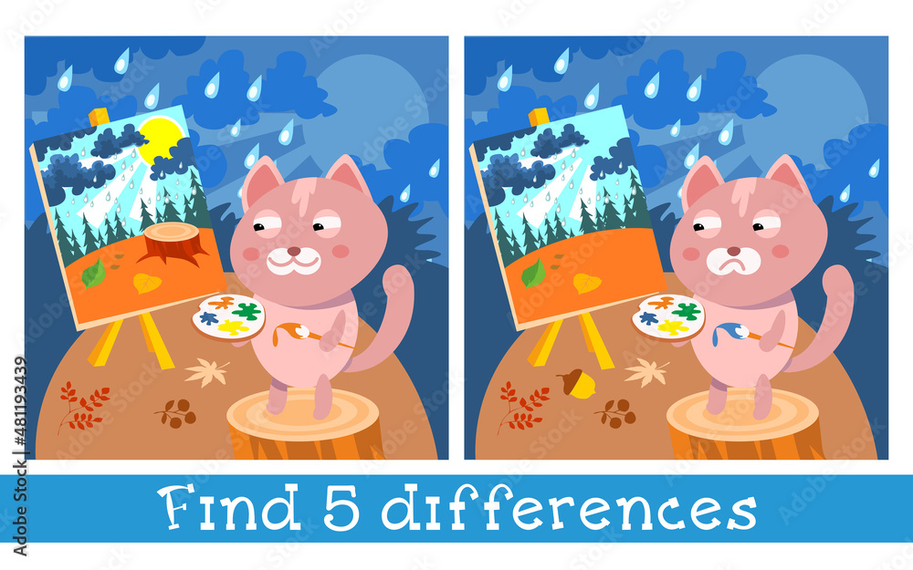 Kitten artist draws landscape. Character in cartoon style on summer ...