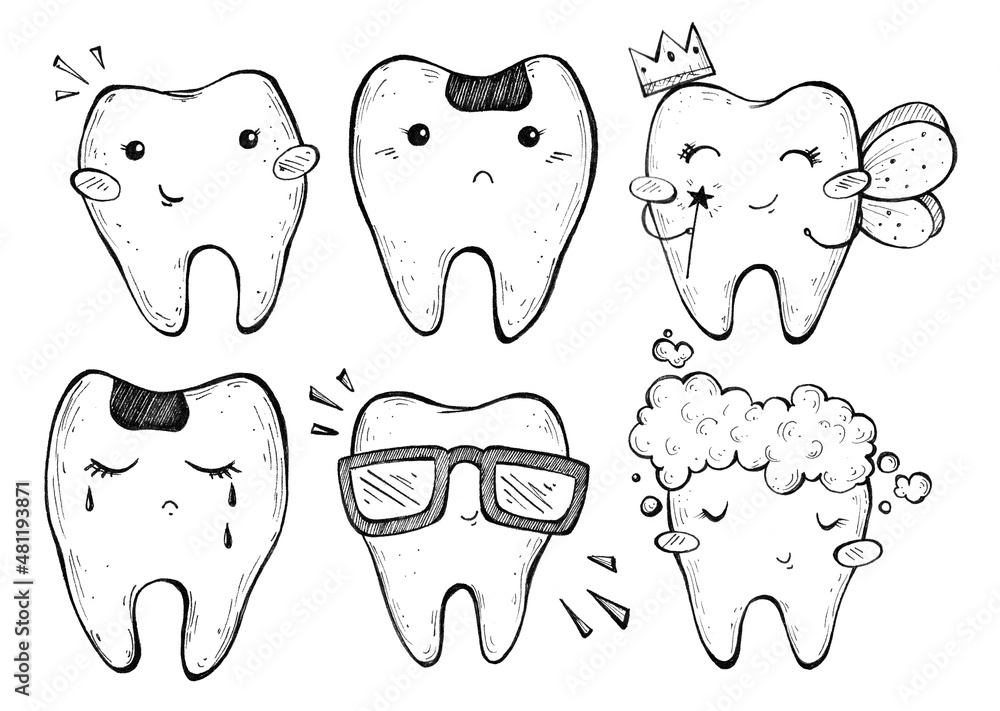 doodle illustration of cartoon teeth. cute teeth character. stickers ...