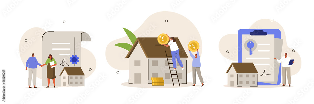 Mortgage process illustration set. Characters buying property with ...