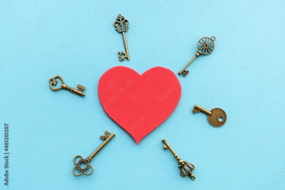 Vintage keys with a red heart . Valentine's Day background. The concept ...