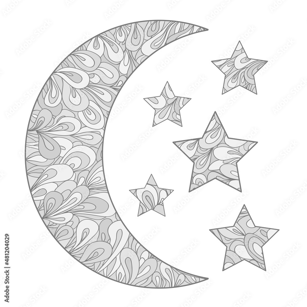 Crescent on white. Moon and stars with abstract patterns on isolation background. Zentangle ...