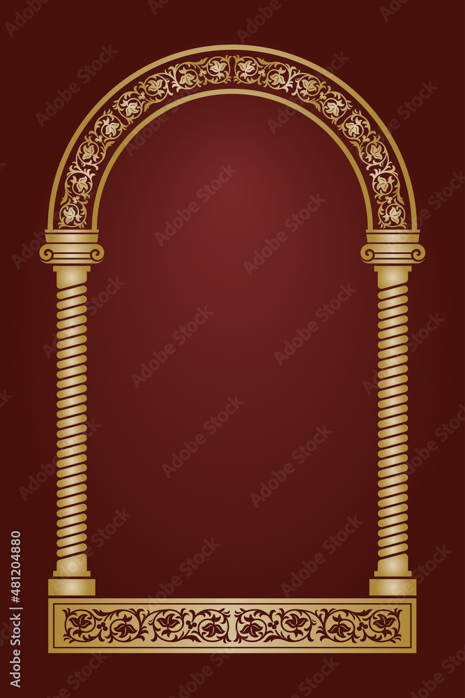 Vintage byzantine gold frame with pillars on a burgundy background ...