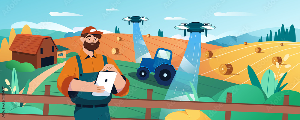 Cartoon farmer with digital tablet using robot drone to automate ...